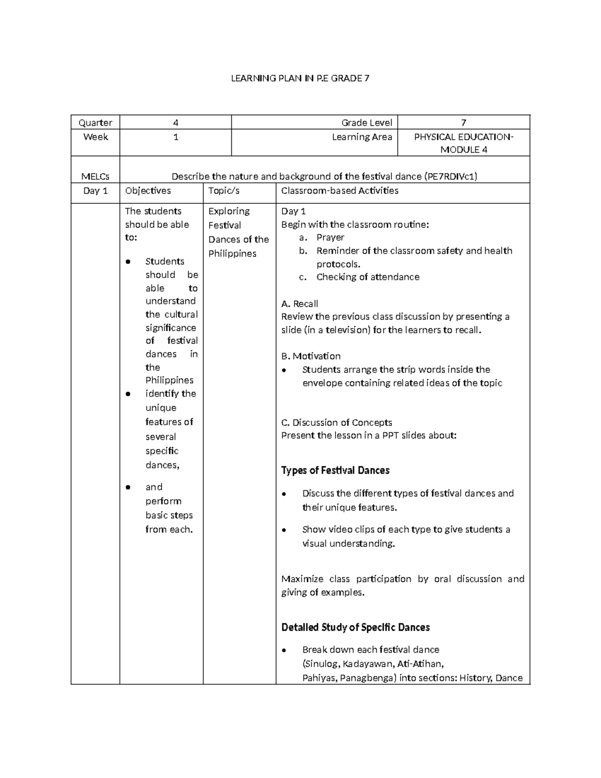 Learning PLAN IN P.E - LEARNING PLAN IN P GRADE 7 Quarter 4 Grade Level ...