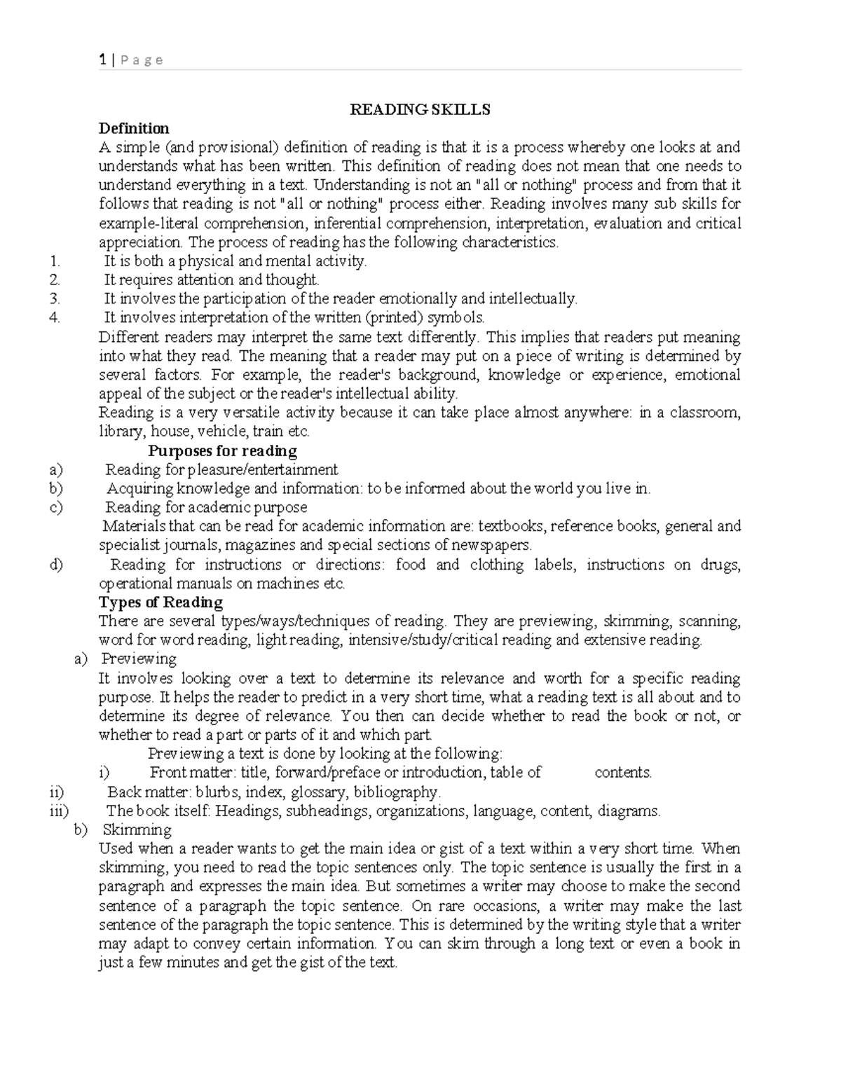 Reading Skills - work hard - READING SKILLS Definition A simple (and ...