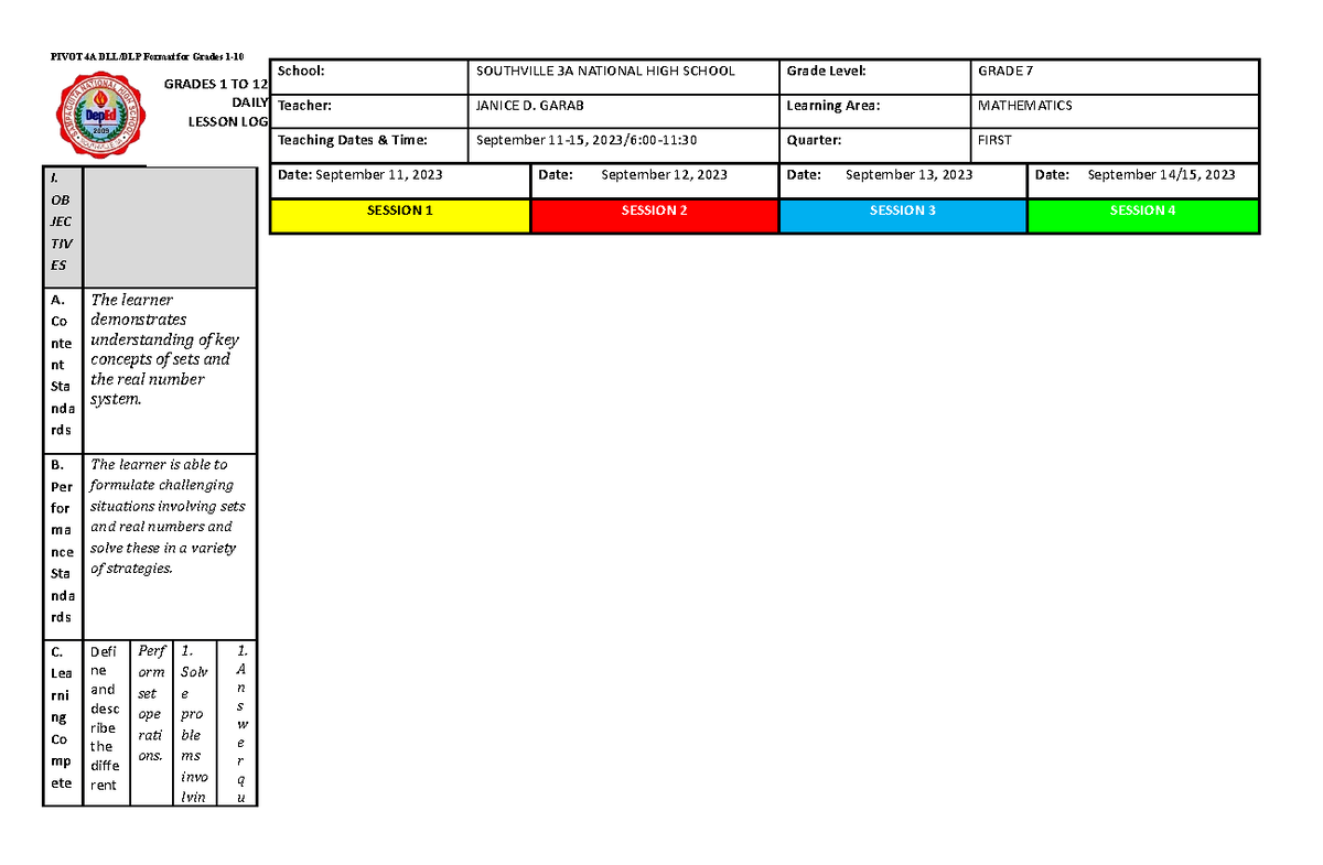 Q1 WEEK-3 MATH7 DLL - Lesson Guide - PIVOT 4A DLL/DLP Format for Grades ...