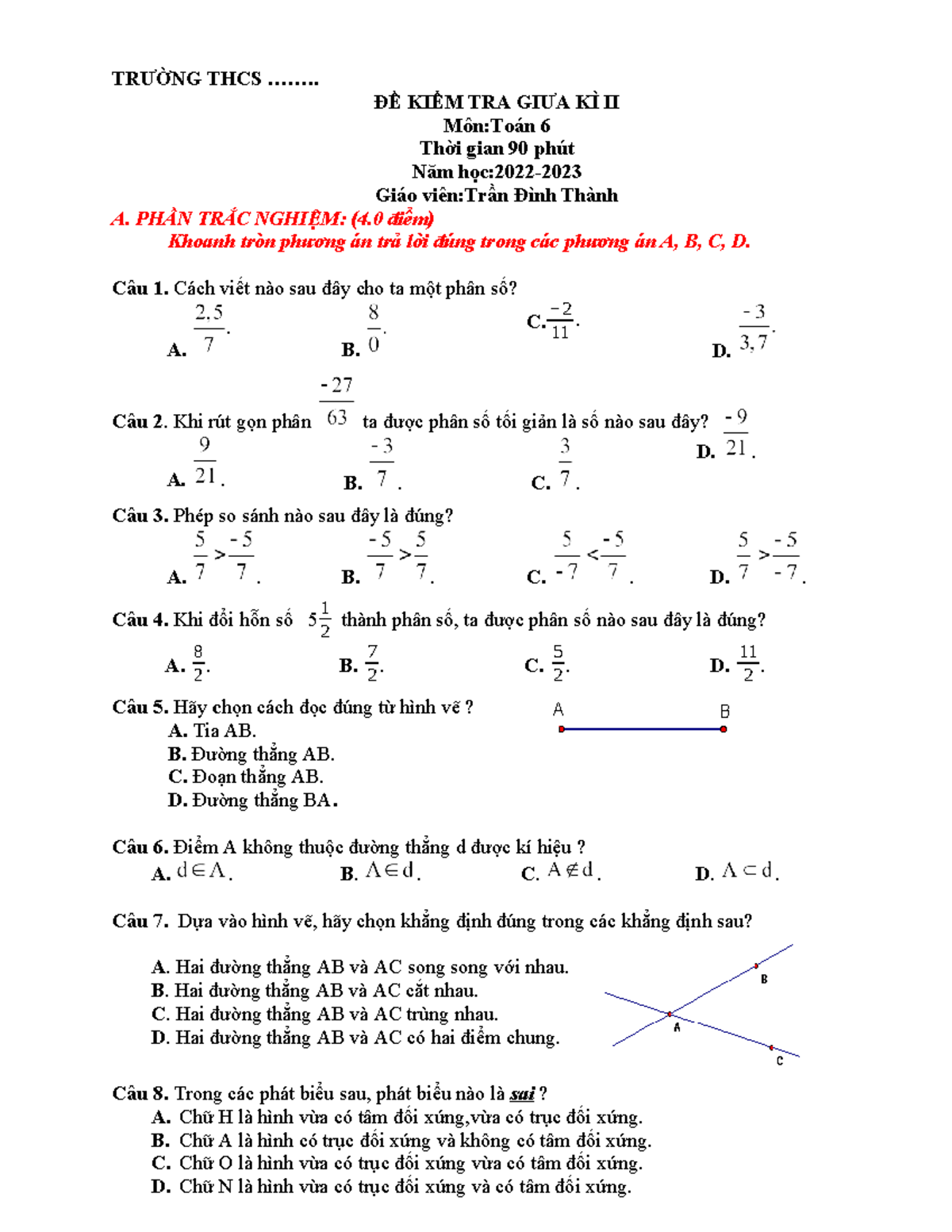 De thi giua hoc ki 2 mon Toan 6 sach KNTT de 7 - A B TRƯỜNG THCS ...