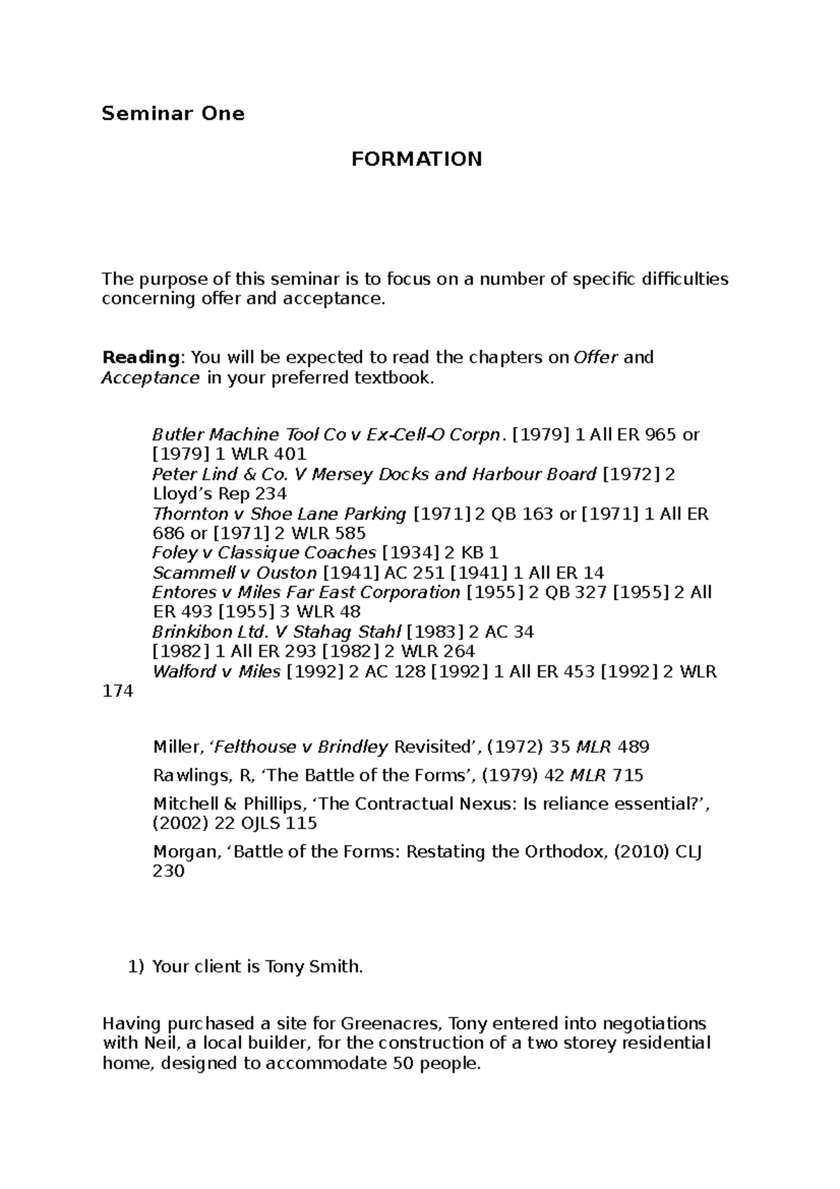 Seminar 1 - Seminar One FORMATION The purpose of this seminar is to ...