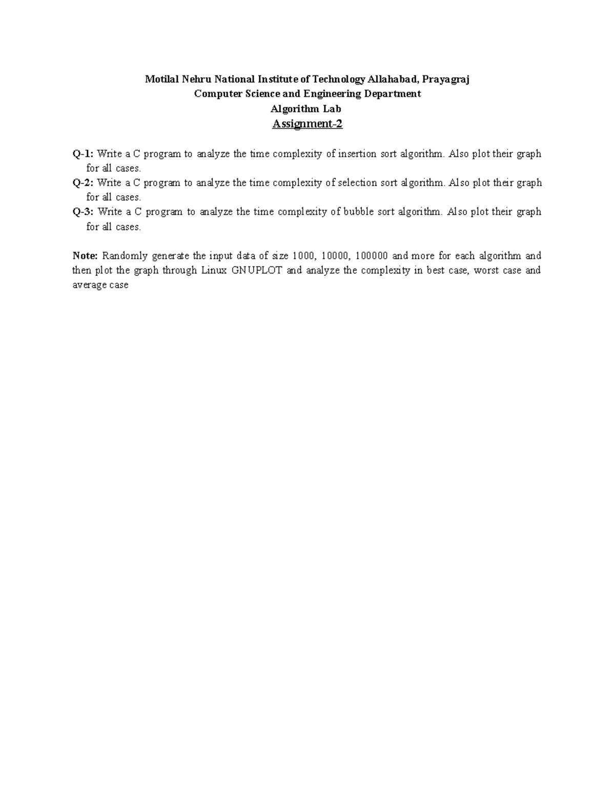 Assignment 2 Assignments Of Analysis Of Algorithm Motilal Nehru National Institute Of