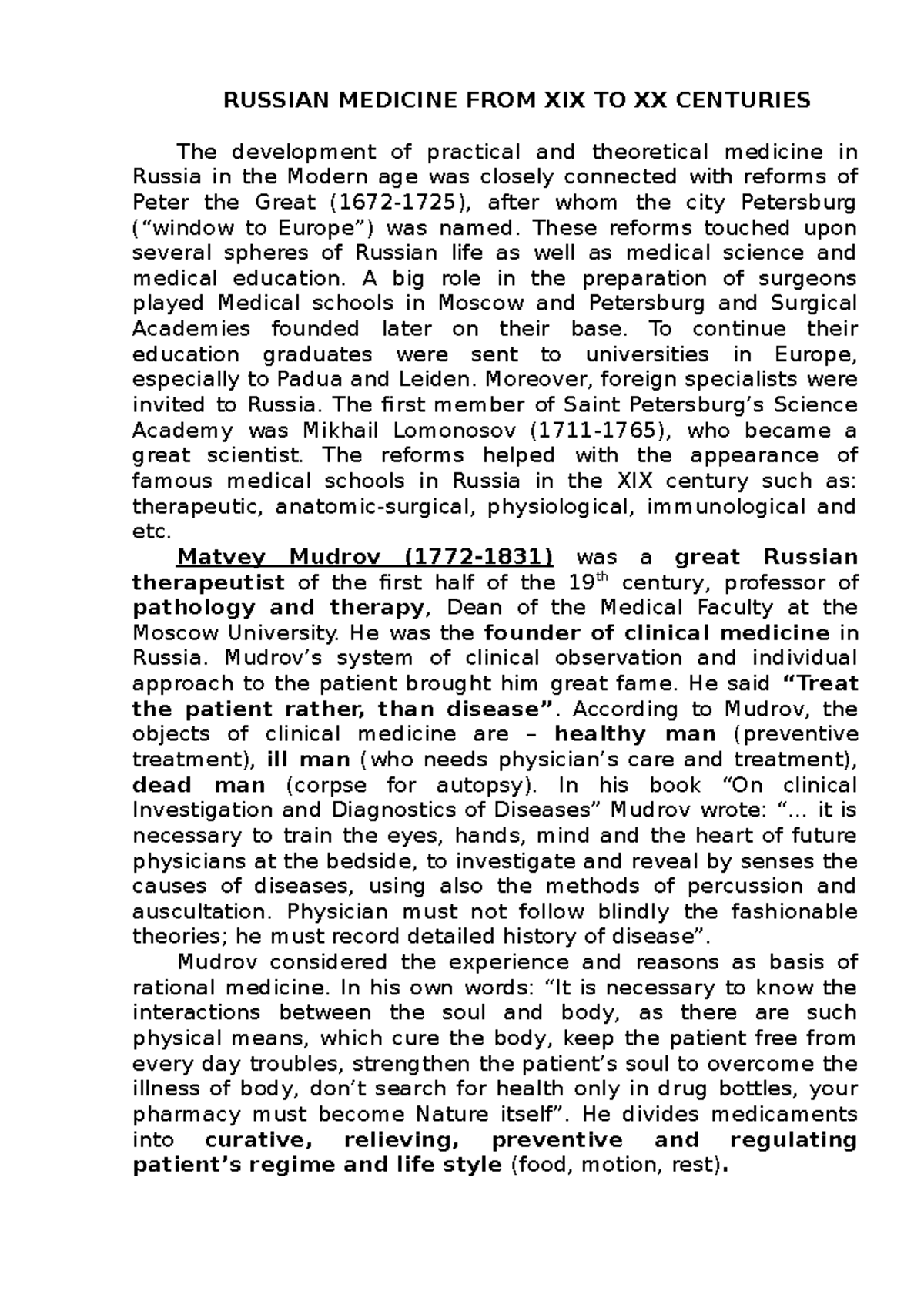 Lecture Russian Medicine FROM XIX TO XX Centuries - RUSSIAN MEDICINE ...