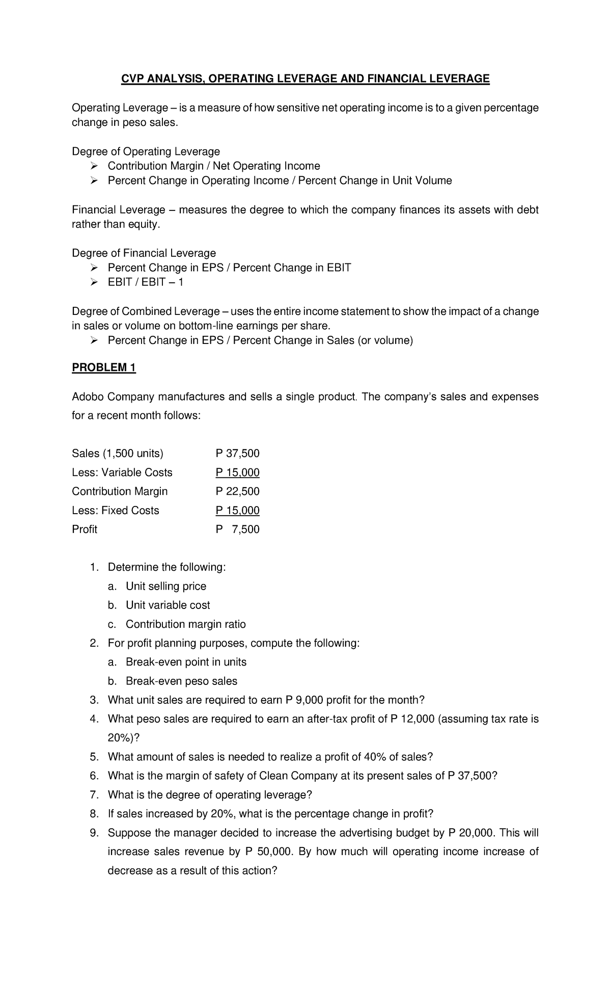CVP, Operating Leverage, Financial Leverage - CVP ANALYSIS, OPERATING LEVERAGE AND FINANCIAL ...