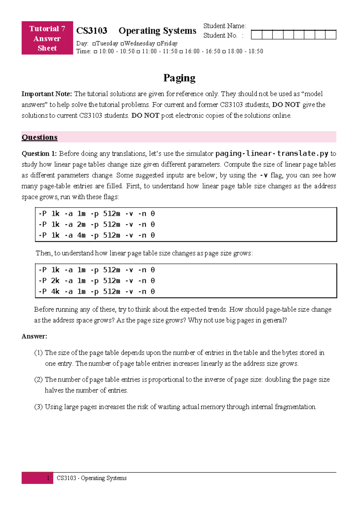CS3103 Tutorial 7 solution 2024 4 15 - Tutorial 7 Answer Sheet CS3103 Operating Systems Student ...