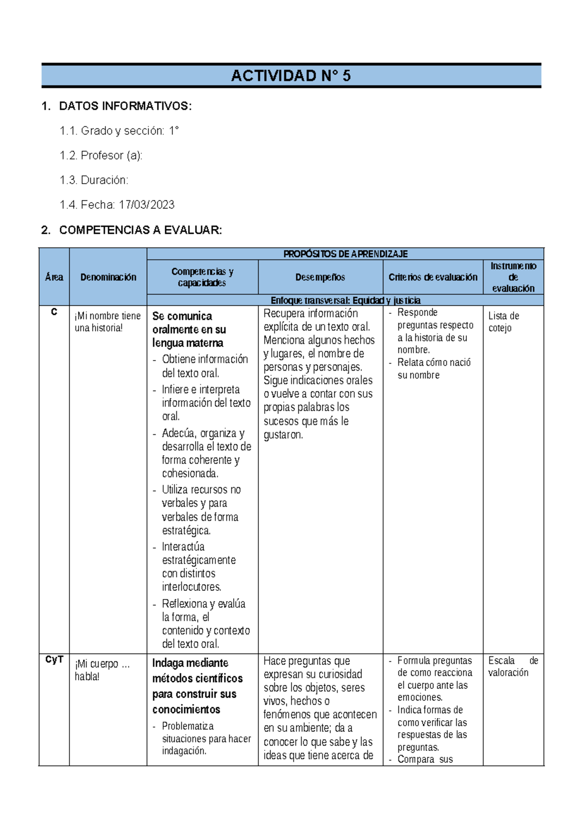 1° Grado - Actividad DEL DIA 17 DE Marzo - ACTIVIDAD N° 5 ####### 1. DATOS INFORMATIVOS ...
