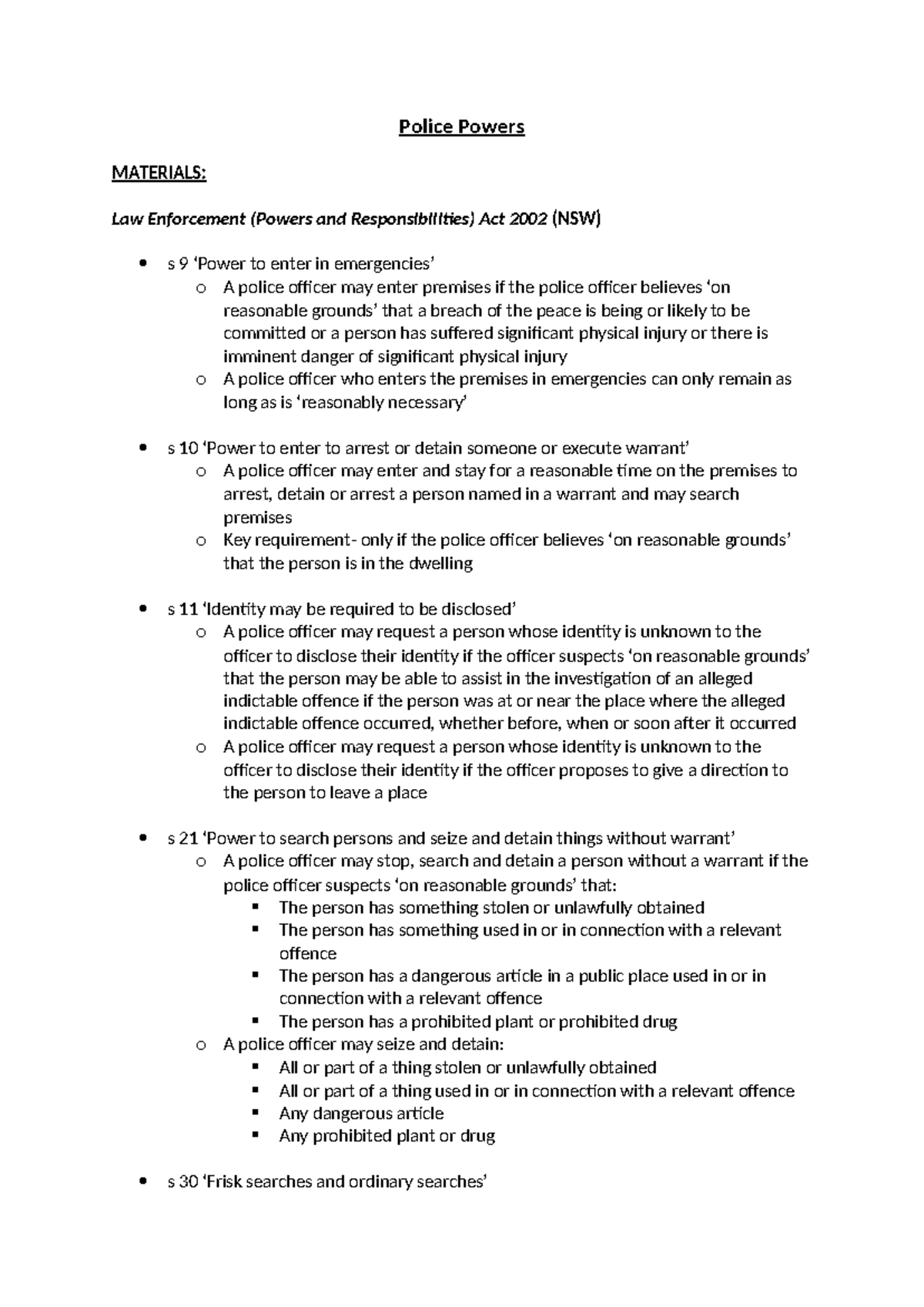 Police Powers- Notes - Police Powers MATERIALS: Law Enforcement (Powers ...