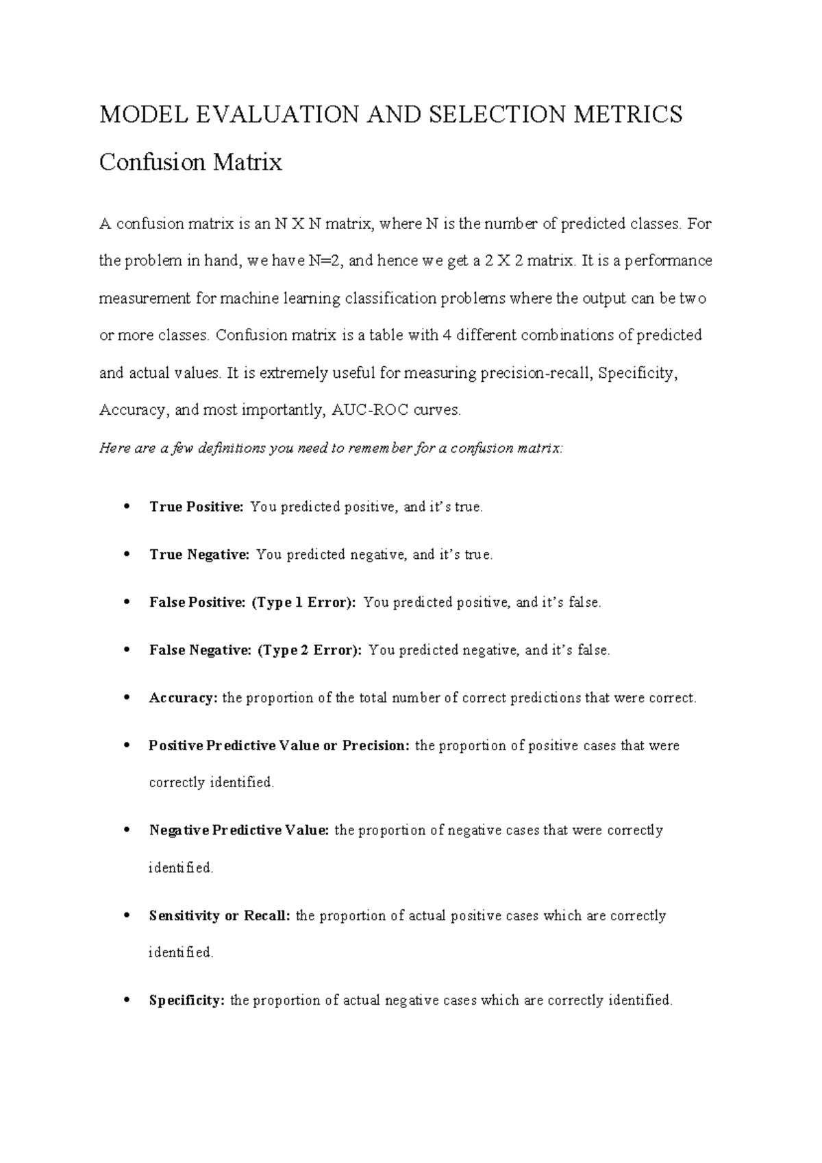 Model Evaluation AND Selection Metrics - MODEL EVALUATION AND SELECTION METRICS Confusion Matrix ...