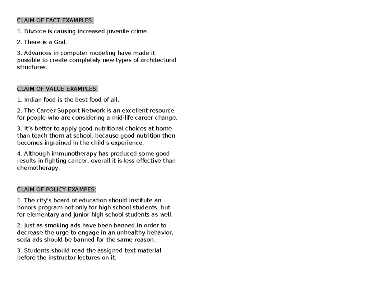 Claim OF FACT Examples - CLAIM OF FACT EXAMPLES: Divorce is causing ...