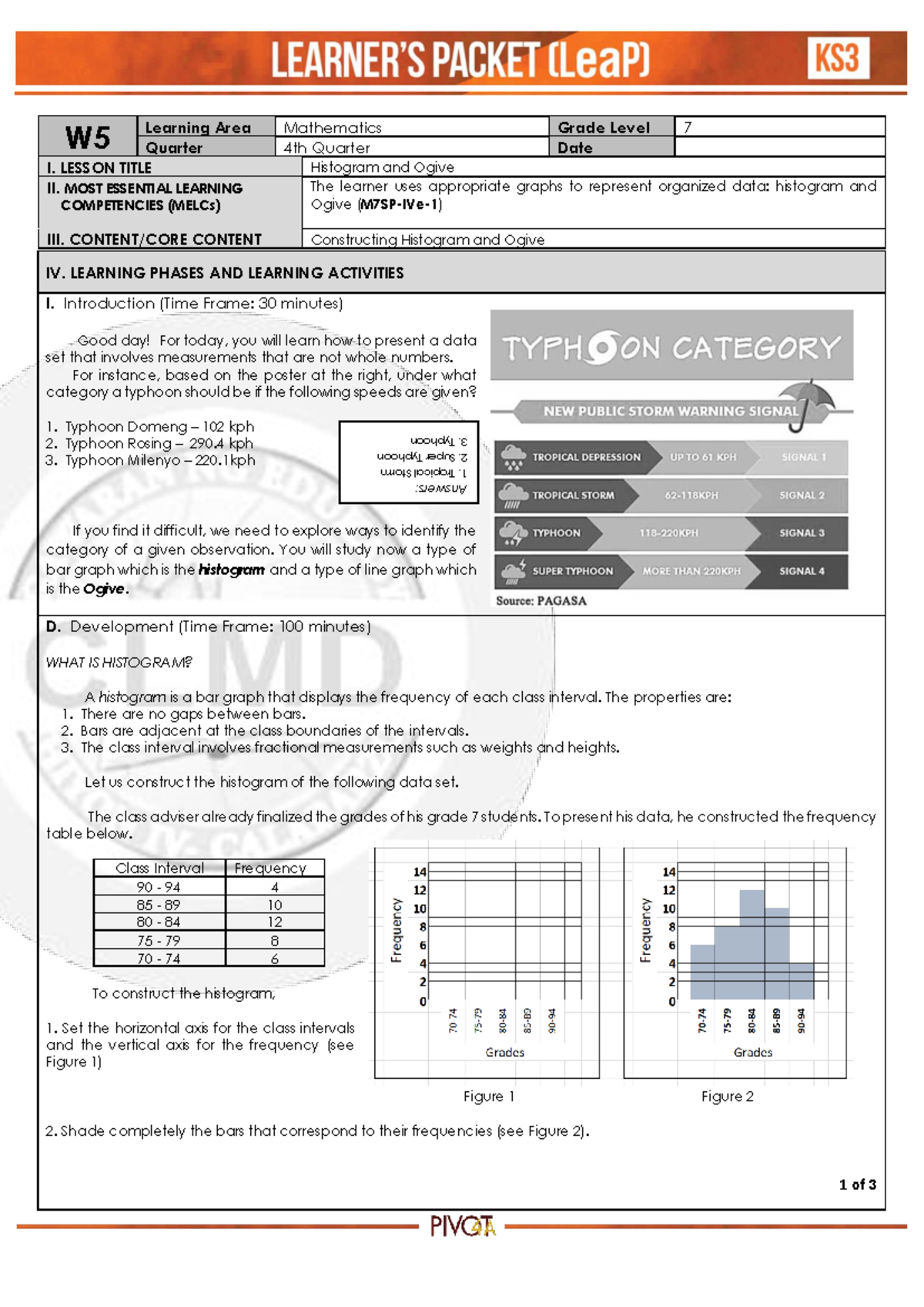 Q4 Math 7 Week 5 - I. LESSON TITLE Histogram and Ogive II. MOST ...