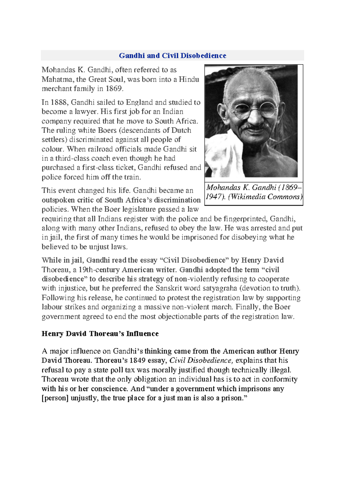 Civil Disobedience Gandhi - Gandhi and Civil Disobedience Mohandas K ...