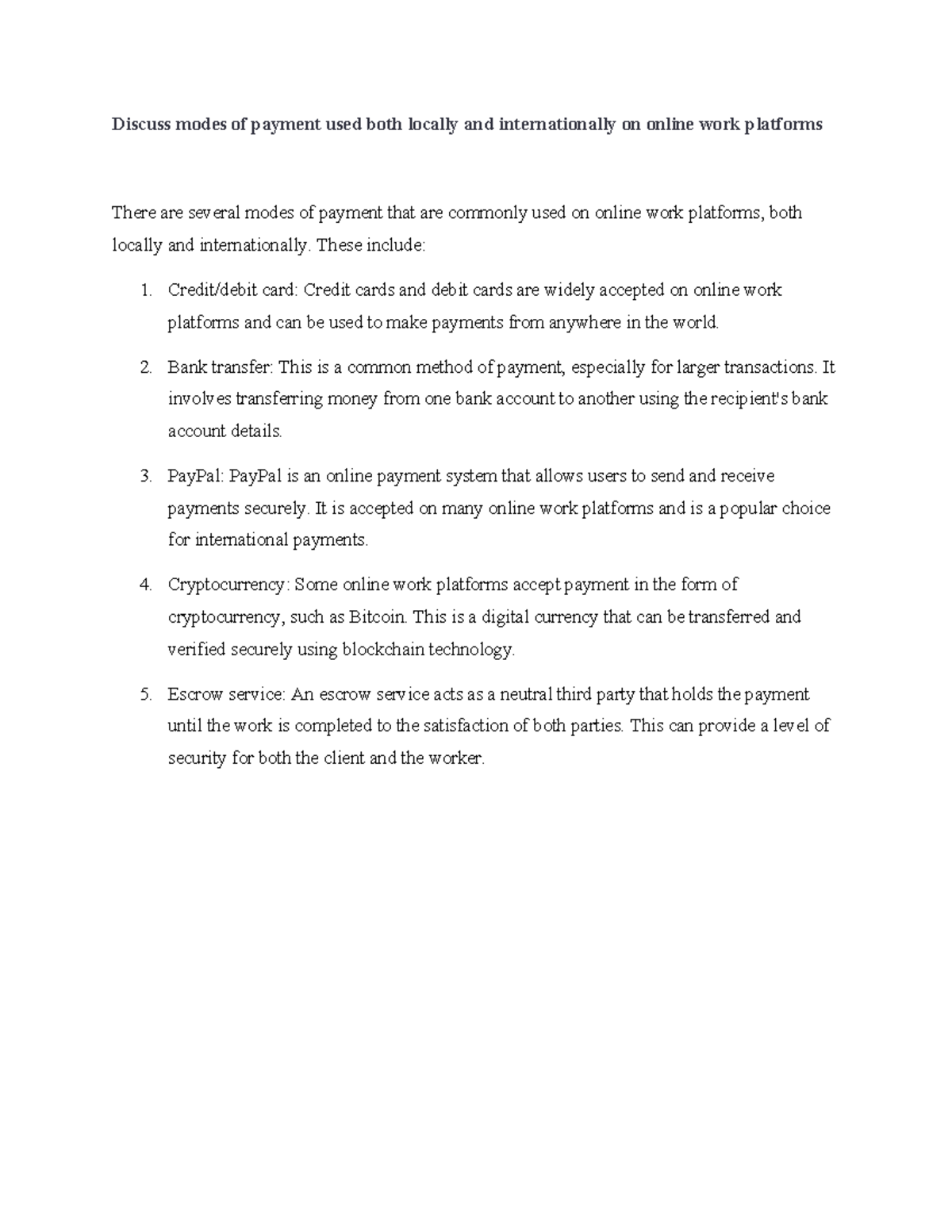 Discuss modes of payment used both locally and internationally on ...