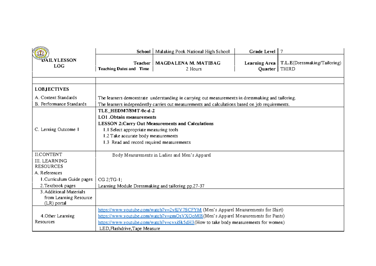 Polished DLL-dressmaking -LO1 - DAILYLESSON LOG School Malaking Pook ...