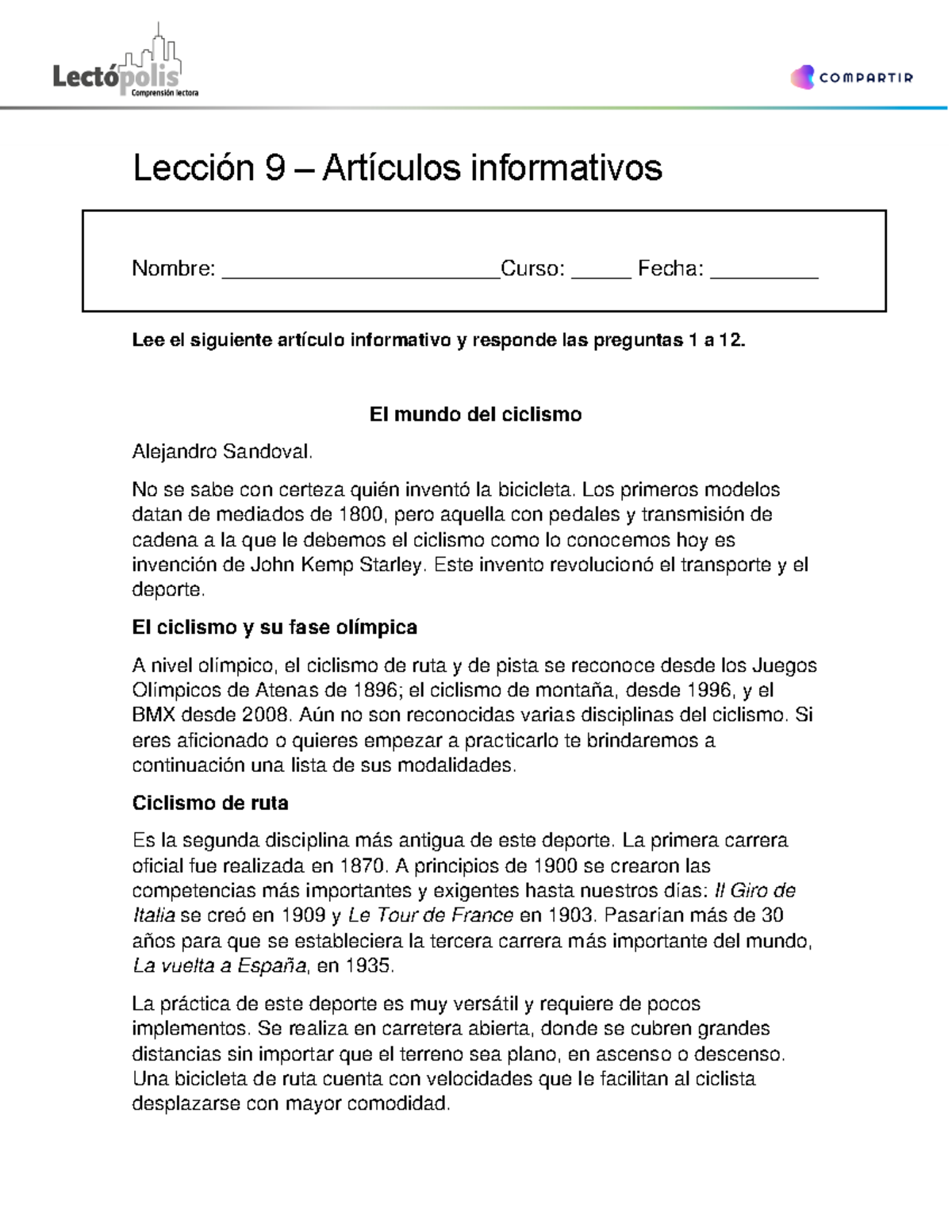 Artículo informativo - Comprensiòn lectora - Lección 9 – Artículos ...