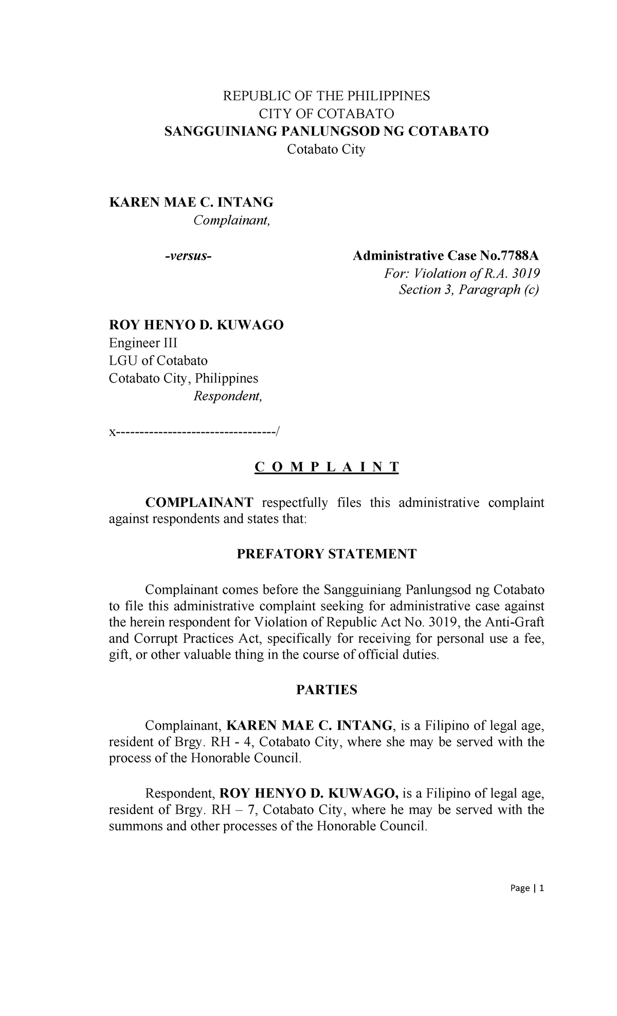 Intang, Karen MAE - Admin LAW - Page | 1 REPUBLIC OF THE PHILIPPINES ...