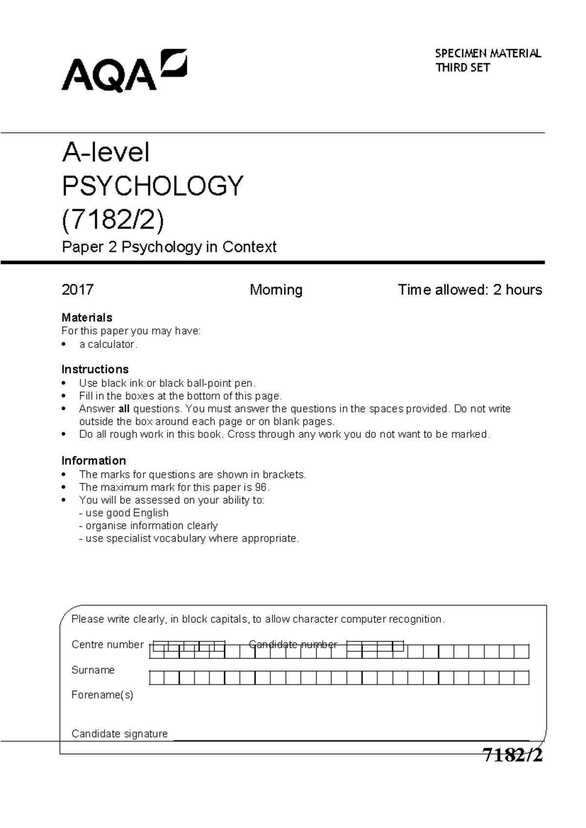A-level Science Psychology (7182) Additional Specimen Assessment ...
