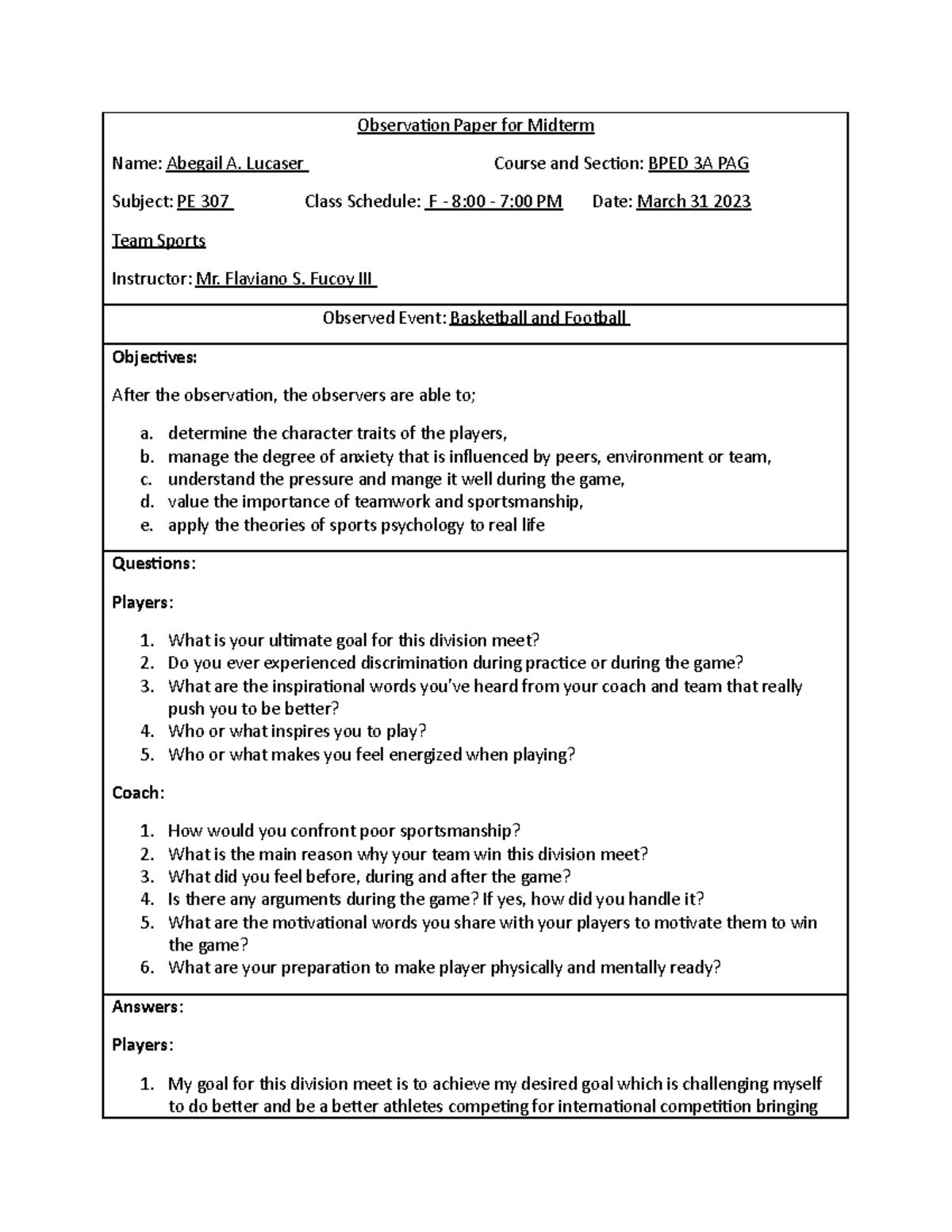 Observation Paper (PE 307) - Observation Paper for Midterm Name ...