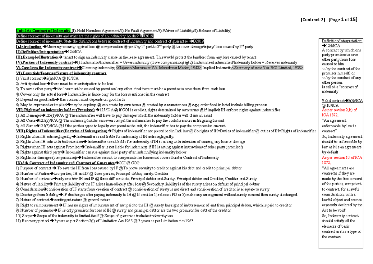 Contract 2 Hinds - Unit-1A: Contract of Indemnity [ 1).Hold Harmless ...