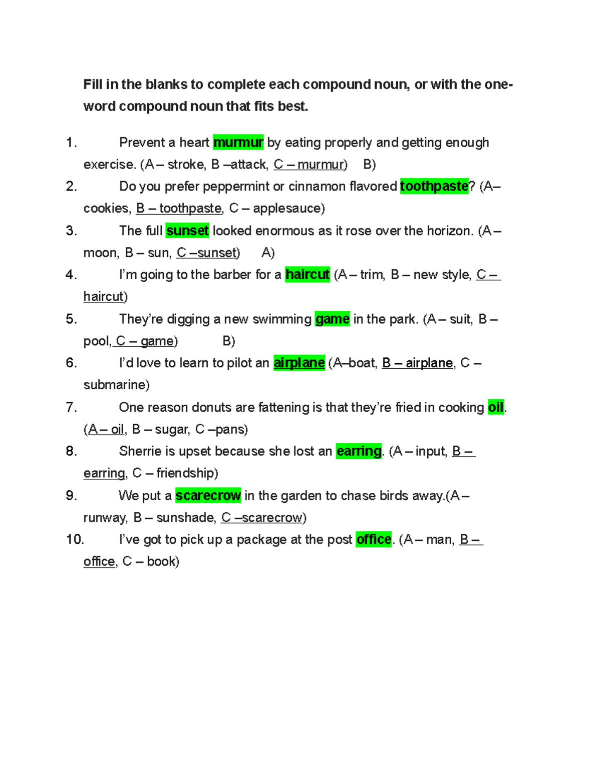Compound noun - Apuntes 4 - Fill in the blanks to complete each ...