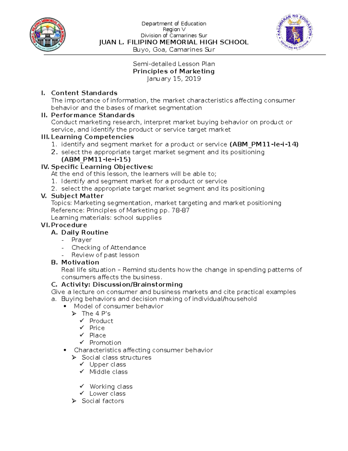 1.15.2019 Lesson Plan - Principles of Marketing - Department of ...