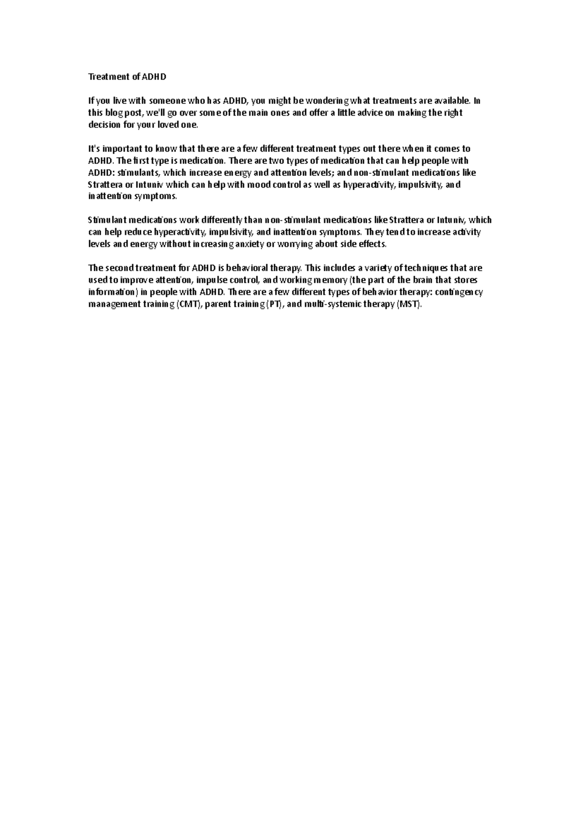 Treatment of ADHD - notes - Treatment of ADHD If you live with someone ...