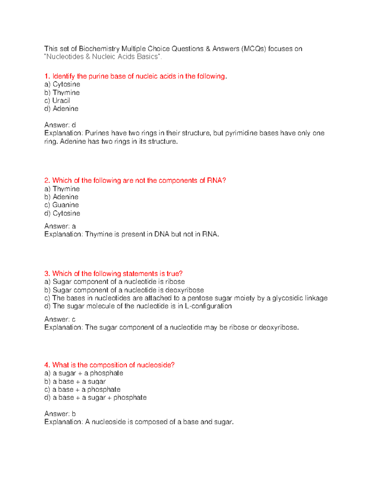 Nuclei Acids Questions - This set of Biochemistry Multiple Choice ...
