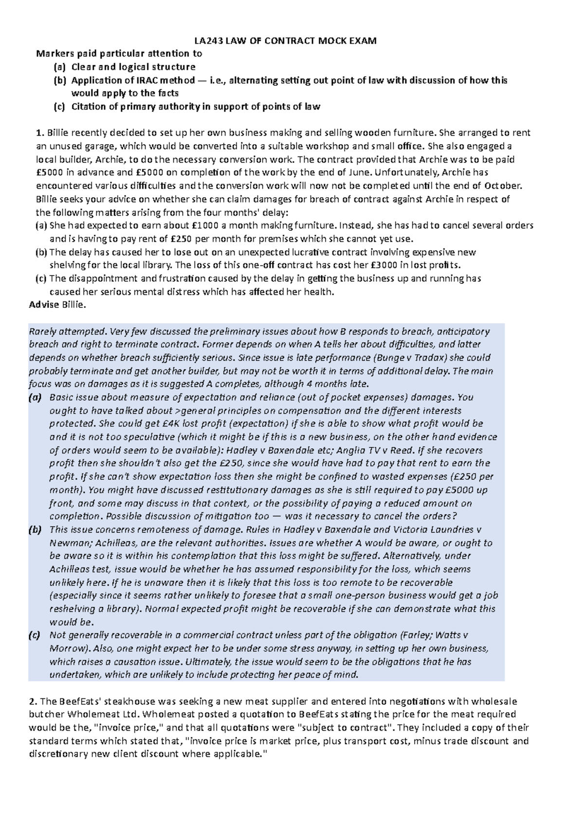 Exam 3 December, questions and answers - LA243 LAW OF CONTRACT MOCK ...