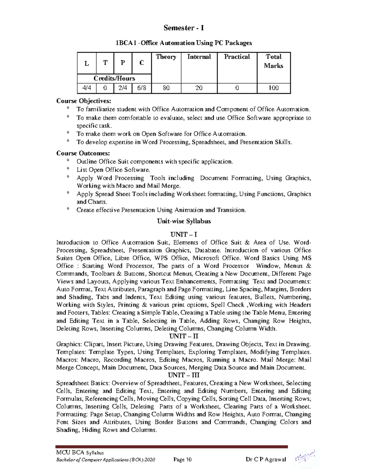 BCA Syllabus - Bca - MCU BCA Syllabus Semester - I 1BCA1 -Office ...