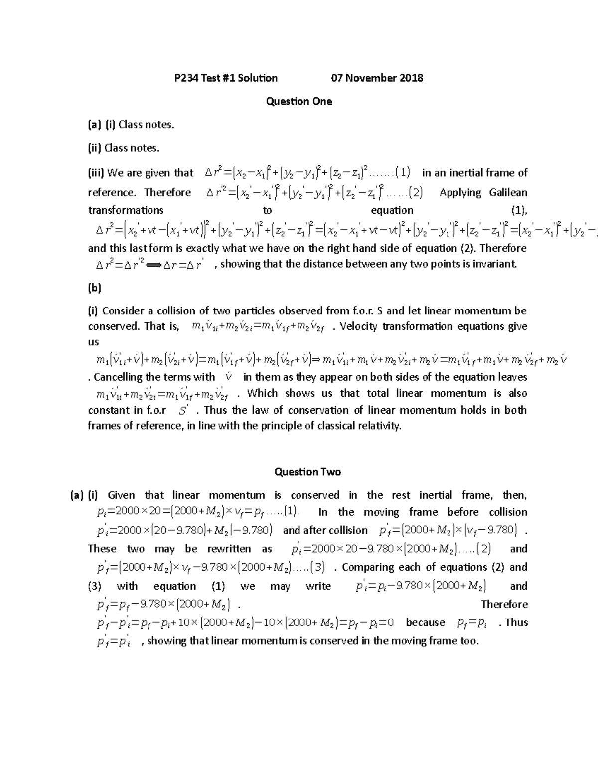 Test 1 13 October 2018, answers - P234 Test #1 Solution 07 November ...