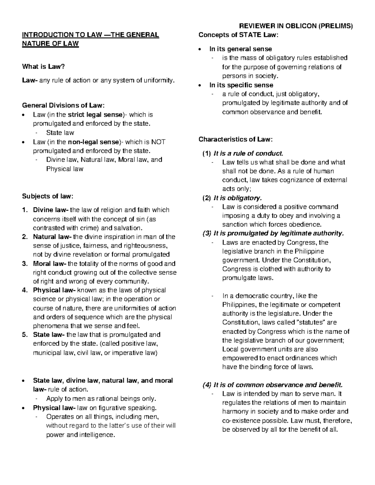 Oblicon reviewer - INTRODUCTION TO LAW 4 THE GENERAL NATURE OF LAW What ...
