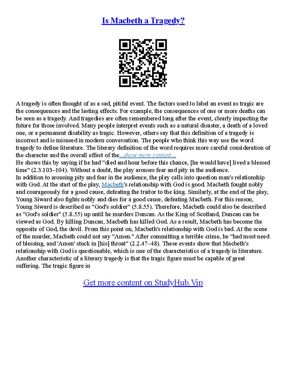 Macbeth Tragedy Essay - Is Macbeth a Tragedy? A tragedy is often ...