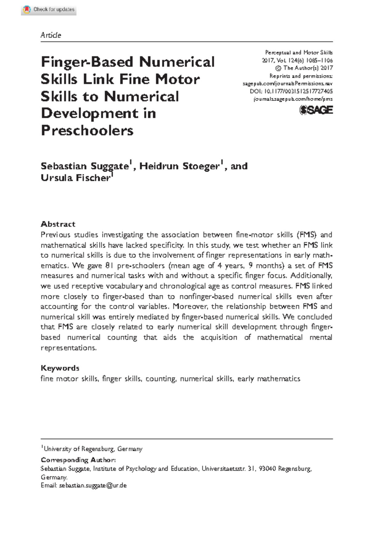 Suggate et al (2017 ) - Article Finger-Based Numerical Skills Link Fine ...