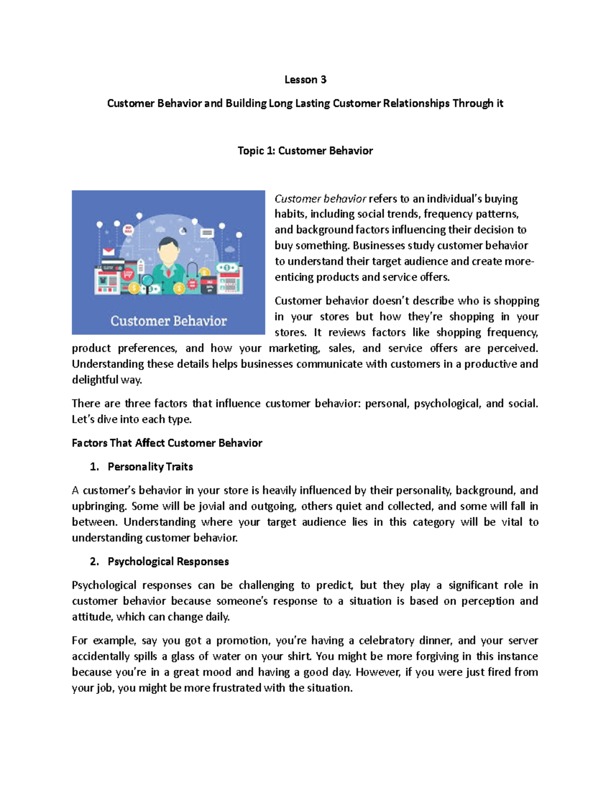 Lesson-3 - N/A - Lesson 3 Customer Behavior and Building Long Lasting ...