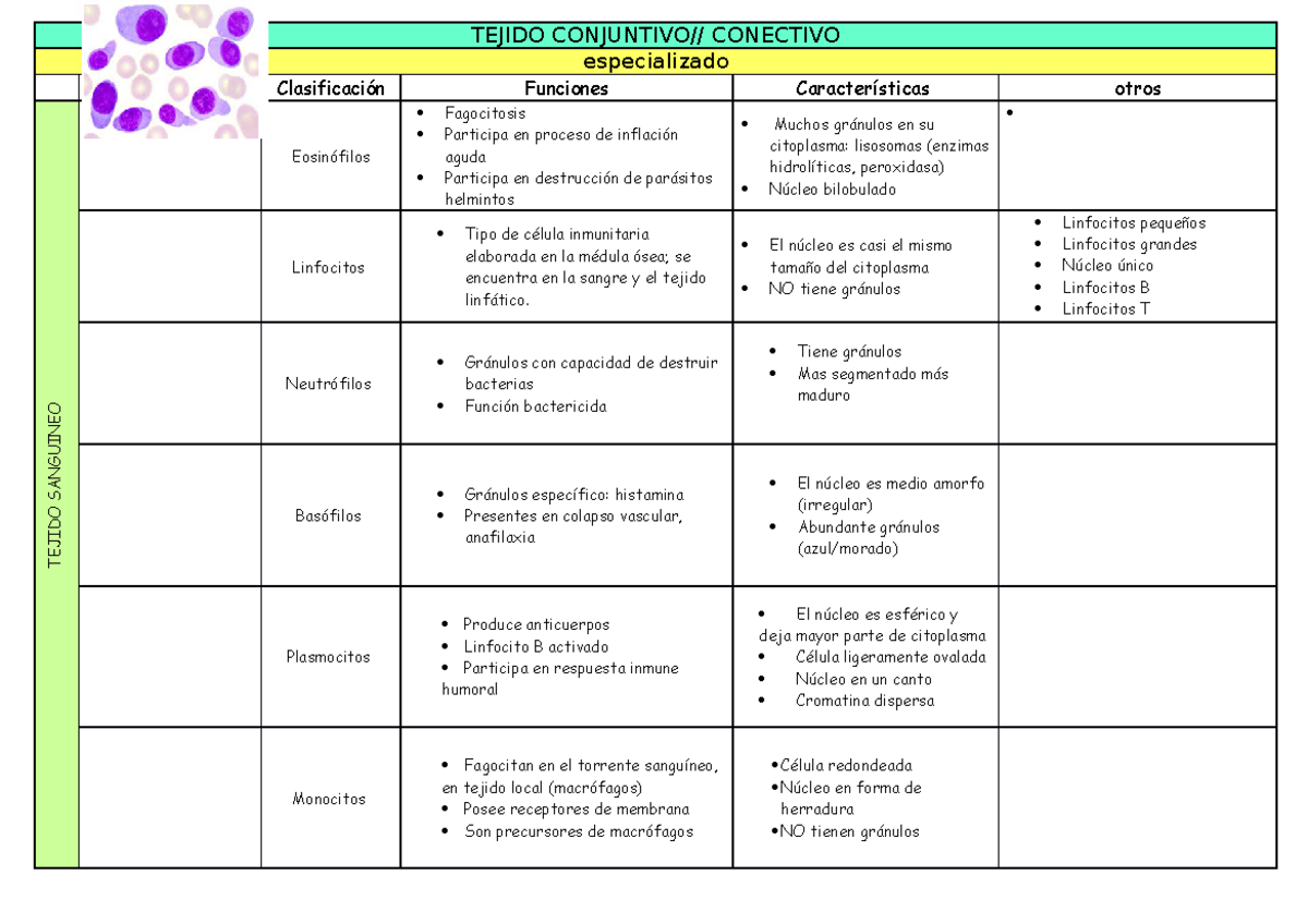 Histologia semana 2 - Cuadro de doble entrada, con buenas descripciones e imagenes claras ...