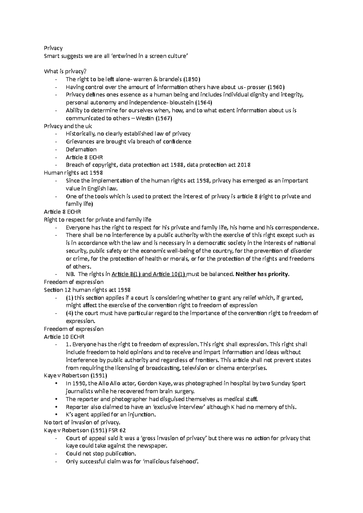 Tort law (privacy) - Lecture notes 15 - Privacy Smart suggests we are ...