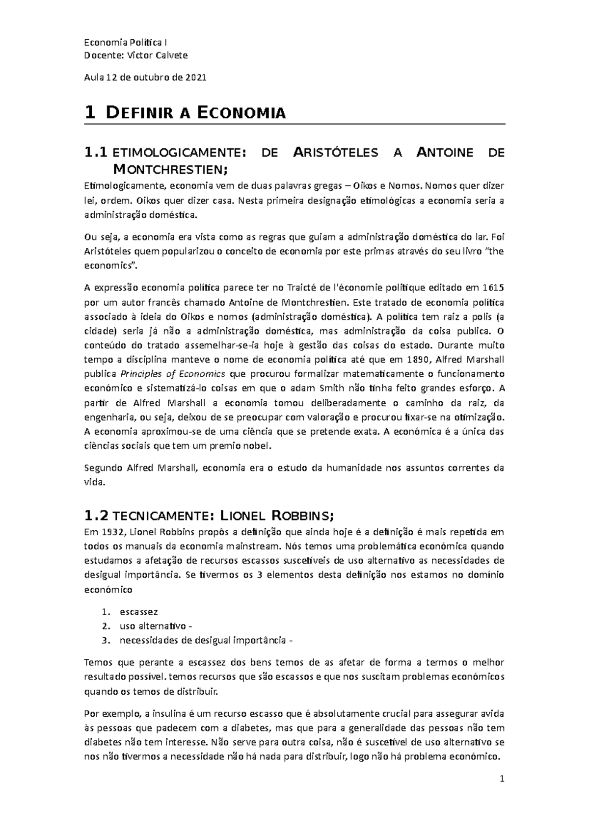 Economia Política I - aulas teoricas - Docente: Victor Calvete Aula 12 ...