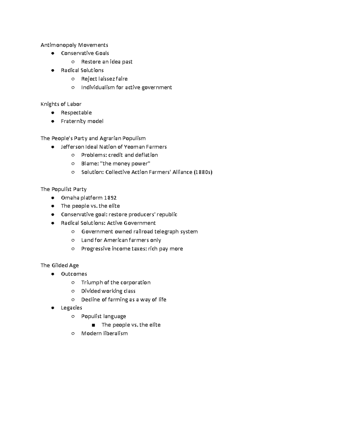 Populism - Lecture notes 6 - Antimonopoly Movements Conservative Goals ...