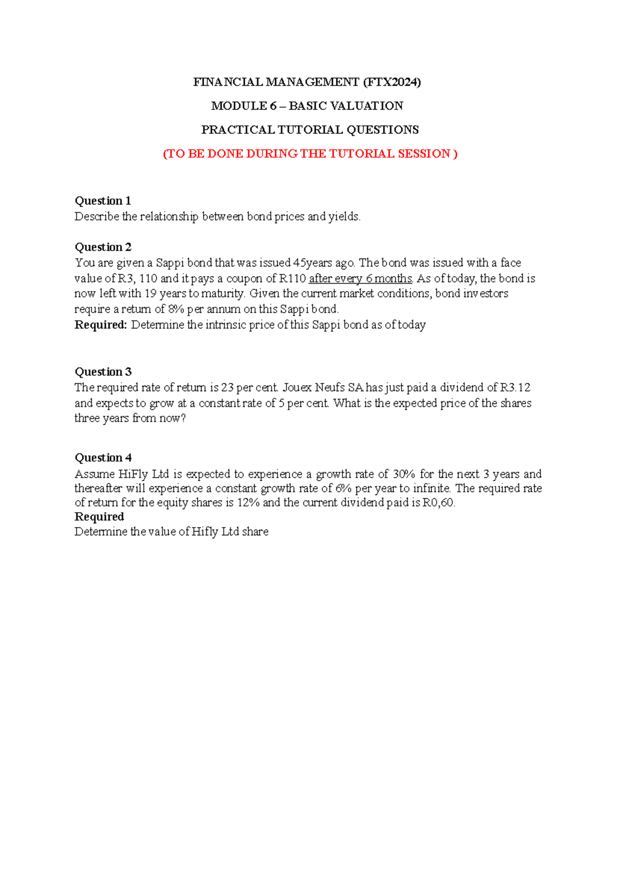 Practical Tutorial Questions - FINANCIAL MANAGEMENT (FTX2024) MODULE 6 ...