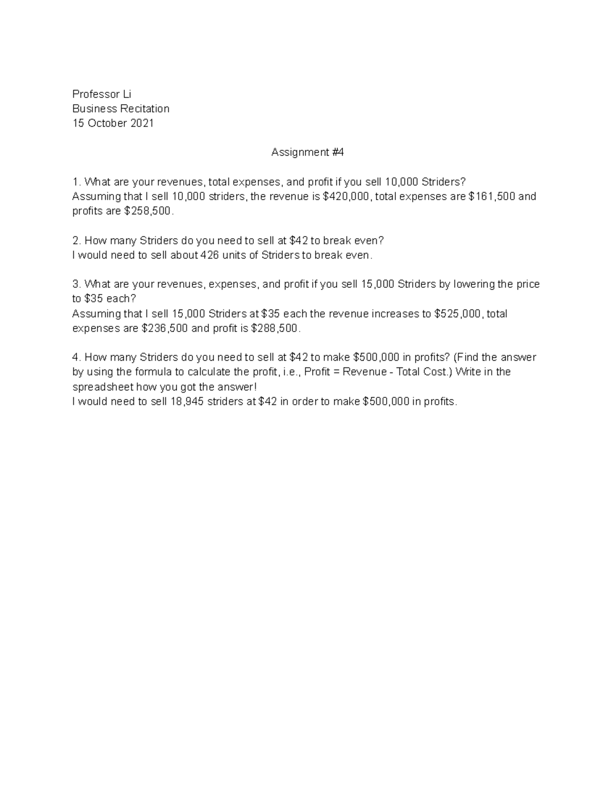 BUS 1000 Assignment #4 - Professor Li Business Recitation 15 October ...