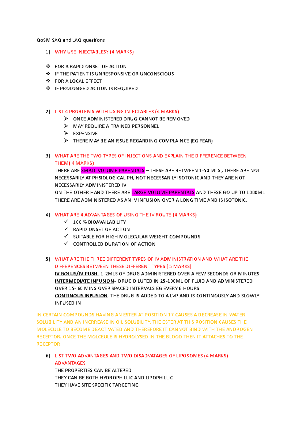 SAQ questions - Qo SM - QoSM SAQ and LAQ questions WHY USE INJECTABLES ...