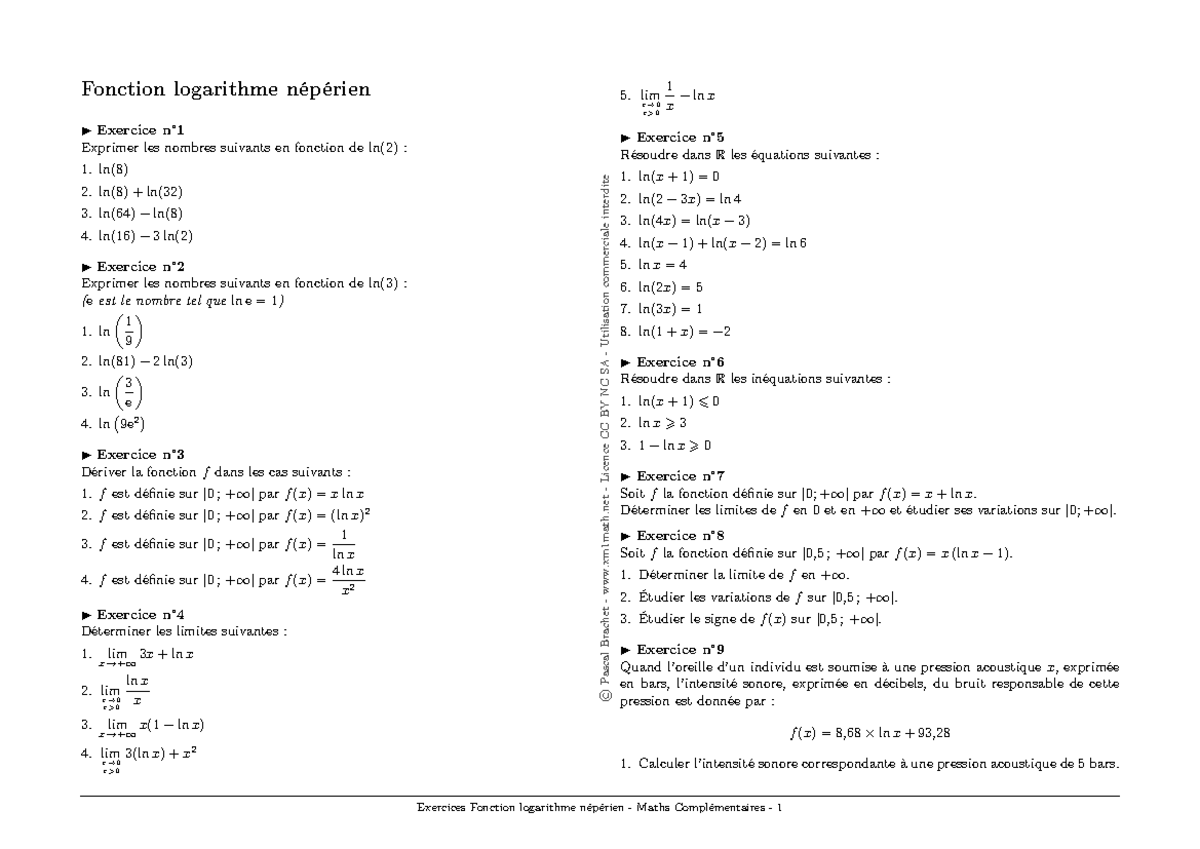 Exo logarithme - exercices log - © Pascal Brachet - xm1math - Licence ...