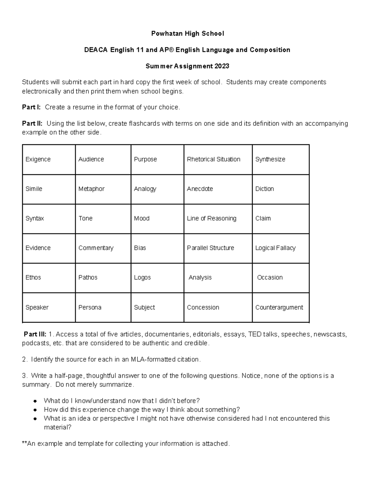 Rising 11 ACA AP Summer Assignment 2023 - Powhatan High School DEACA ...