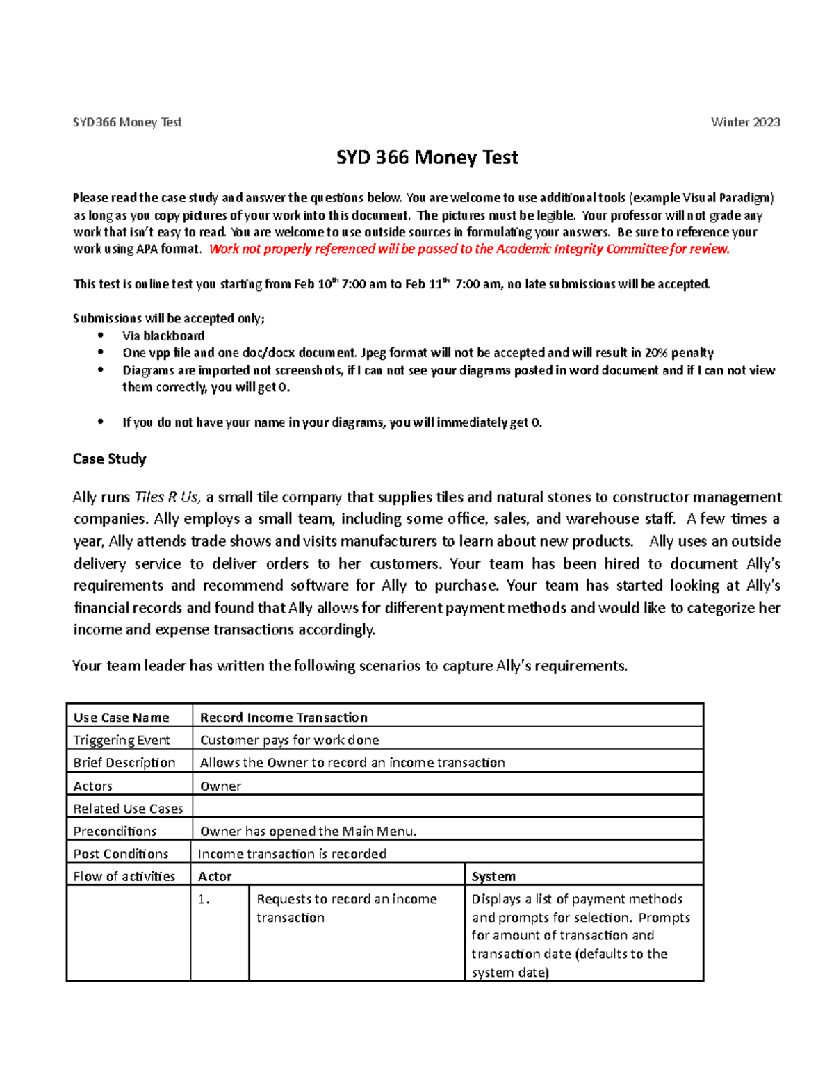 SYD366 Money Test 2023Winter - You are welcome to use additional tools ...