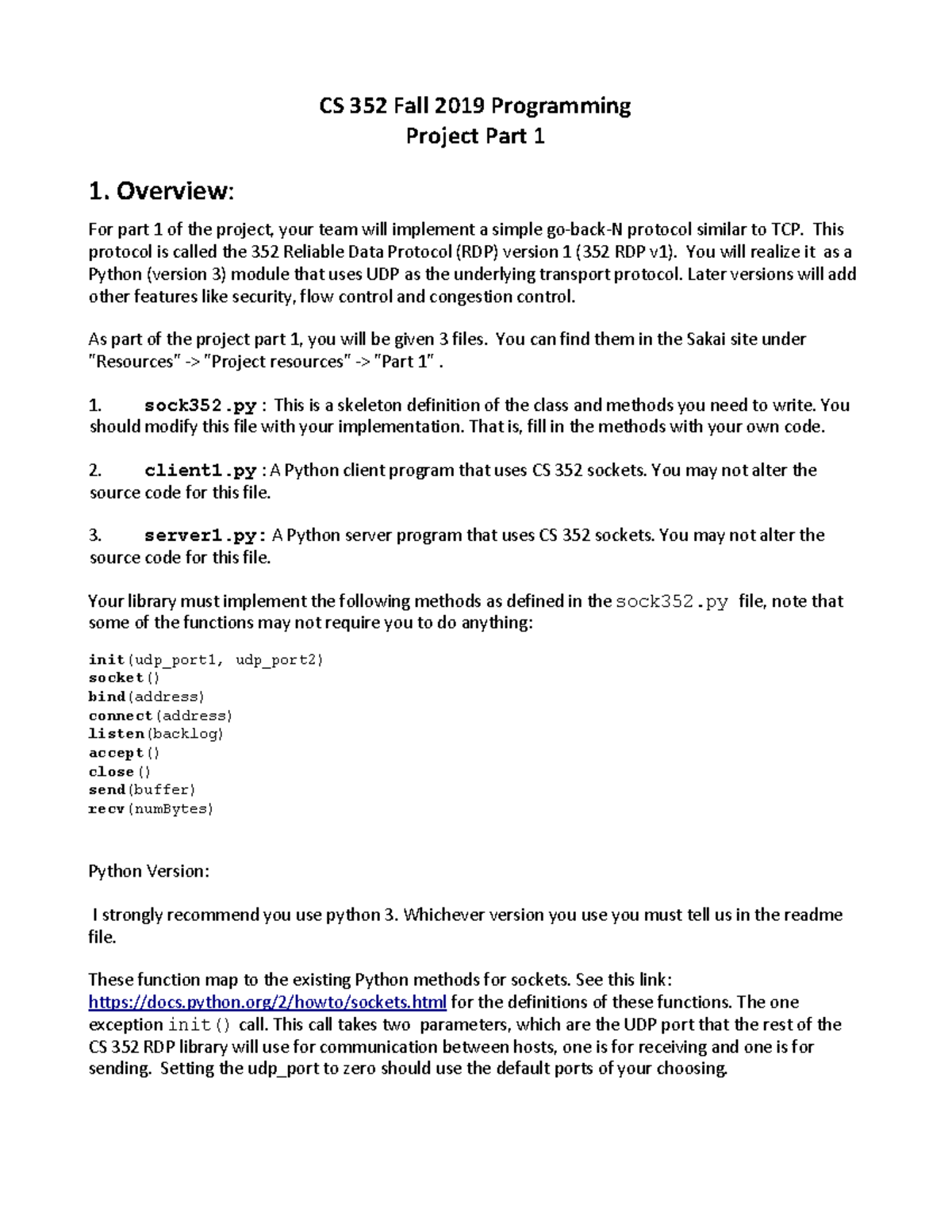 Project description part1-1 - CS 352 Fall 2019 Programming Project Part 1 1. Overview: For part ...