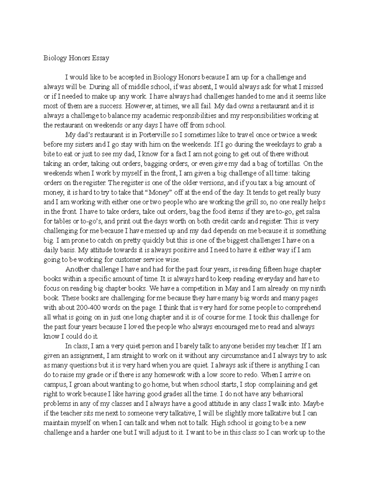 Biology honors application essay - Biology Honors Essay I would like to ...