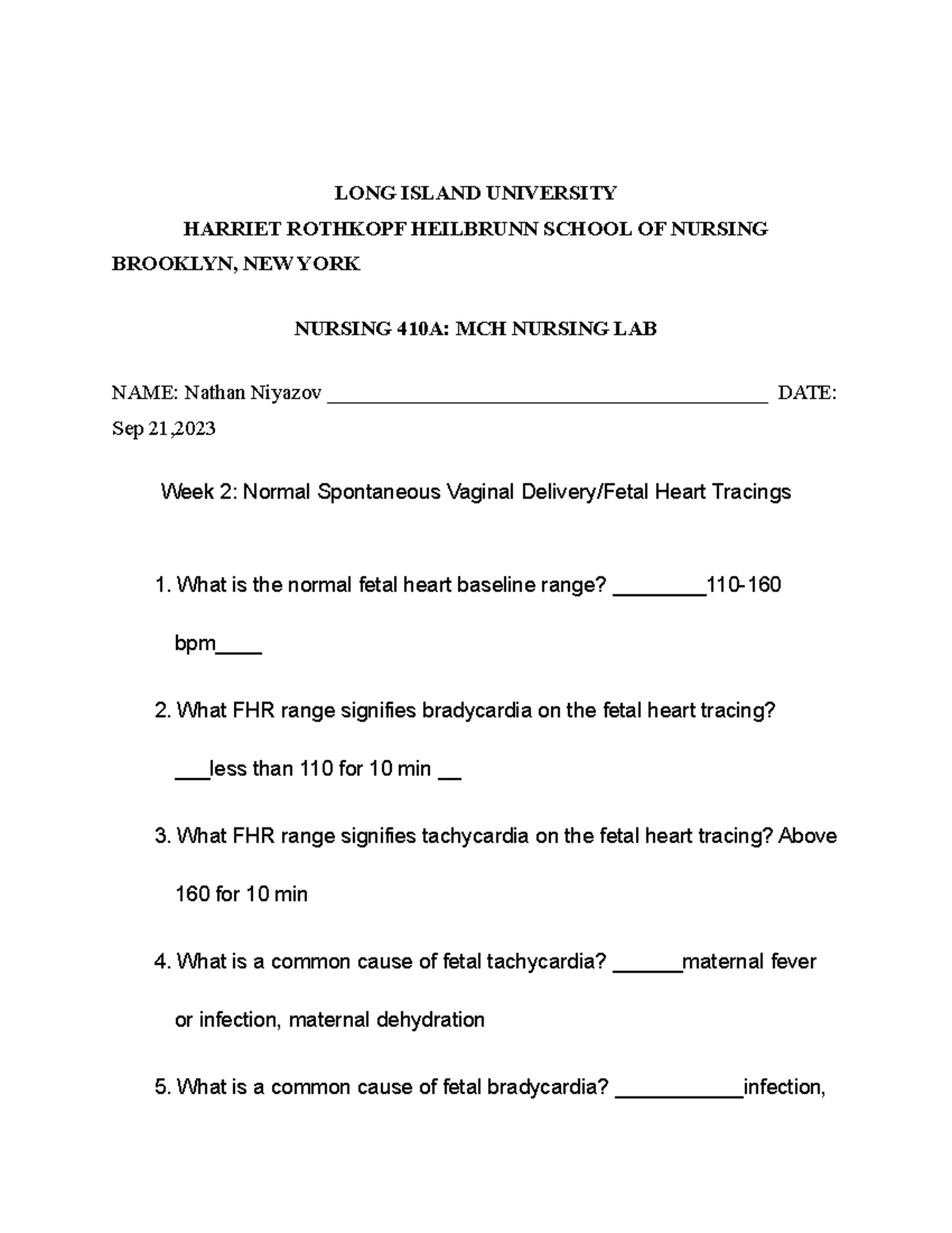 Maternity lab wk 2 - Lab sheet - LONG ISLAND UNIVERSITY HARRIET ...