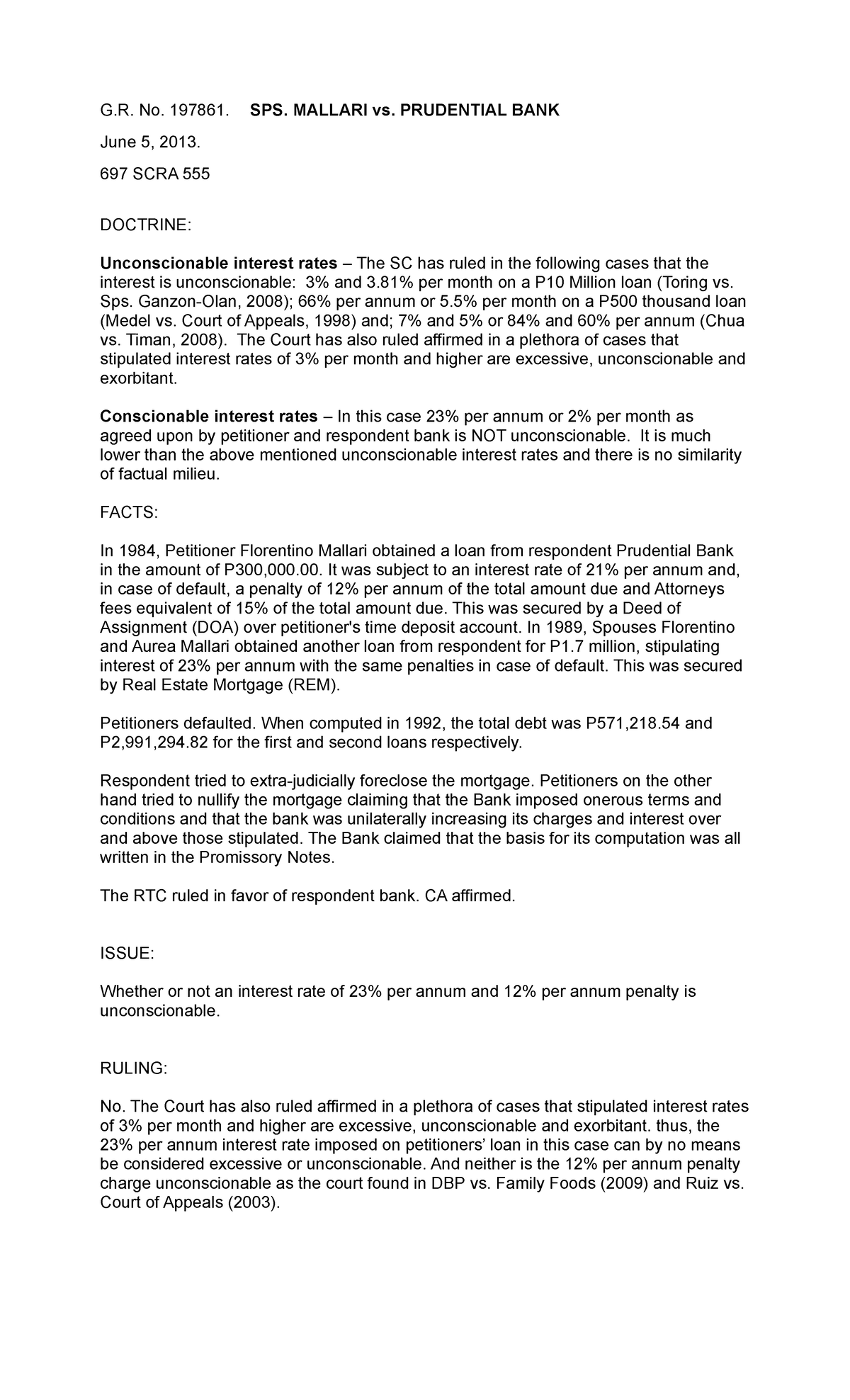 Mallari vs Prudential BANK case digest - G. No. 197861. SPS. MALLARI vs ...