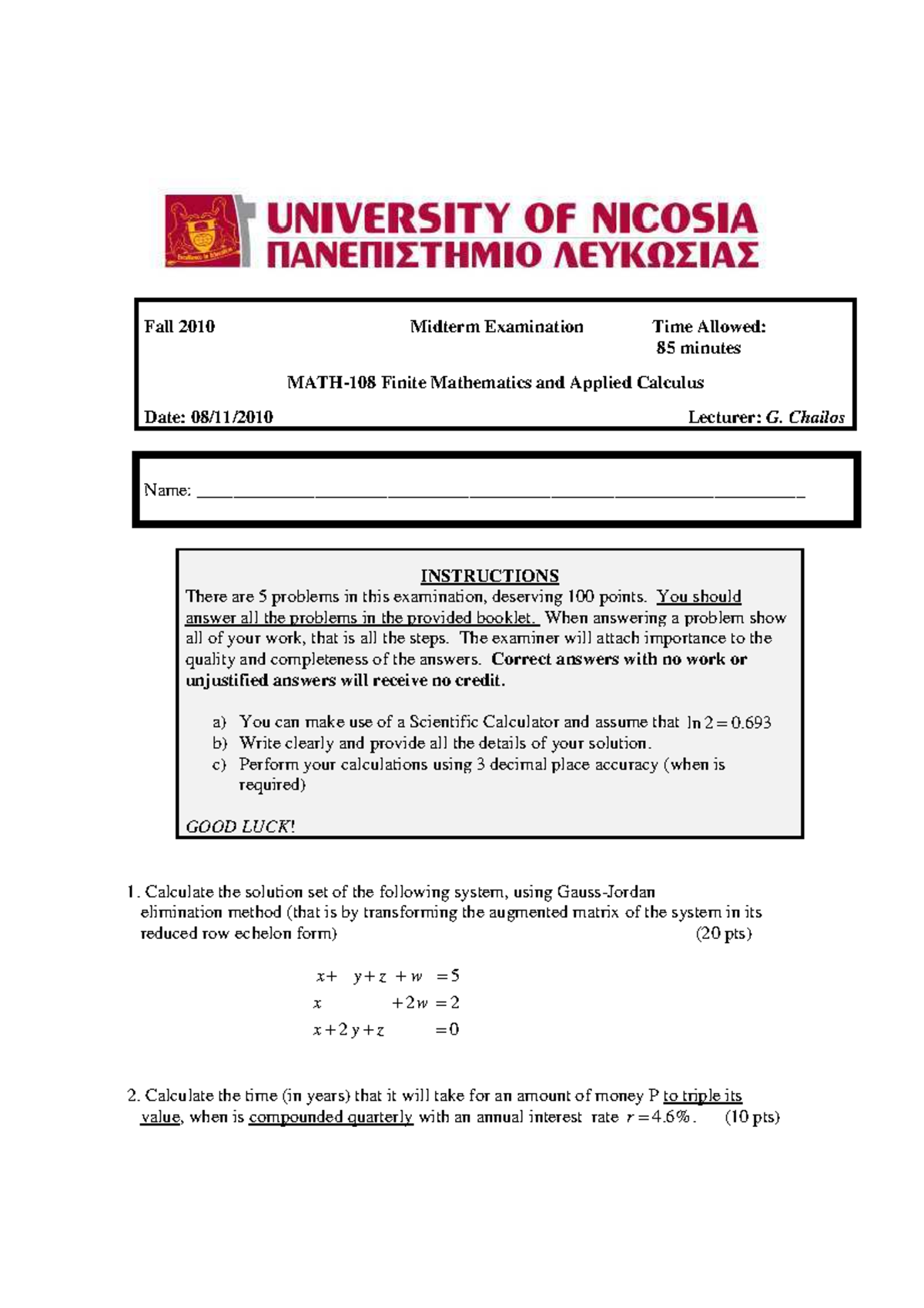 Math 108 Finite Mathematics With Applied Fall 2010 Midterm Examination Time Allowed 85