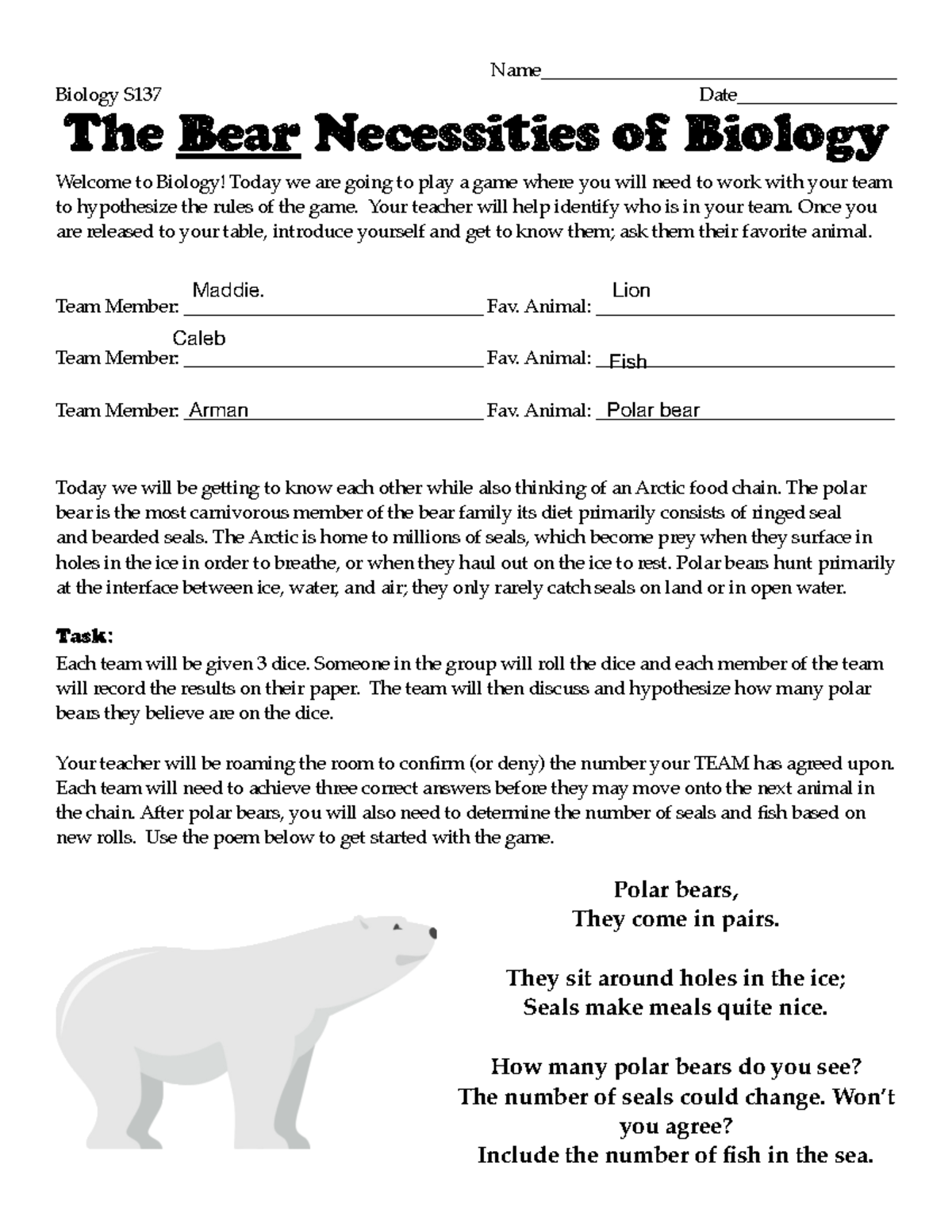 Bear Intro WS - Essential Cell Biology - Biology S Name