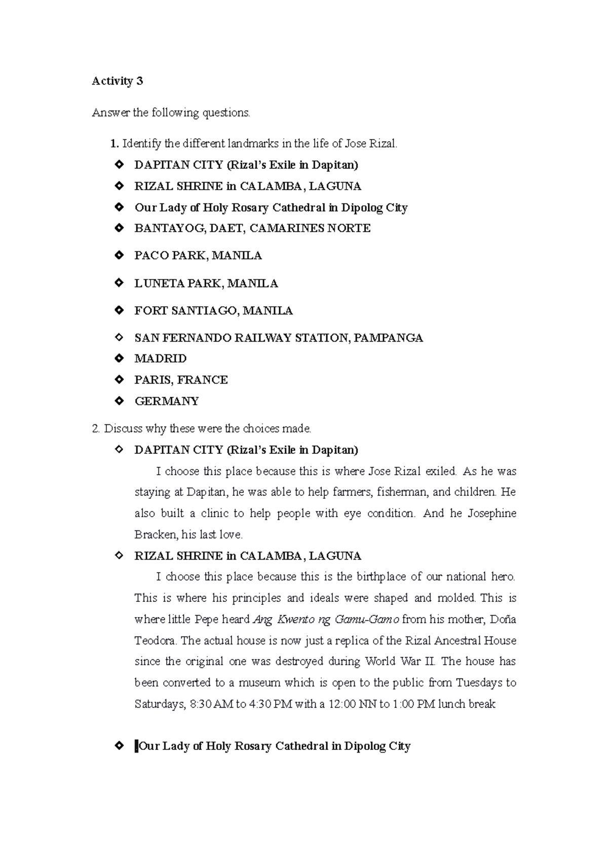 Rizal Activity 3 - Activity 3 Answer the following questions. 1 ...